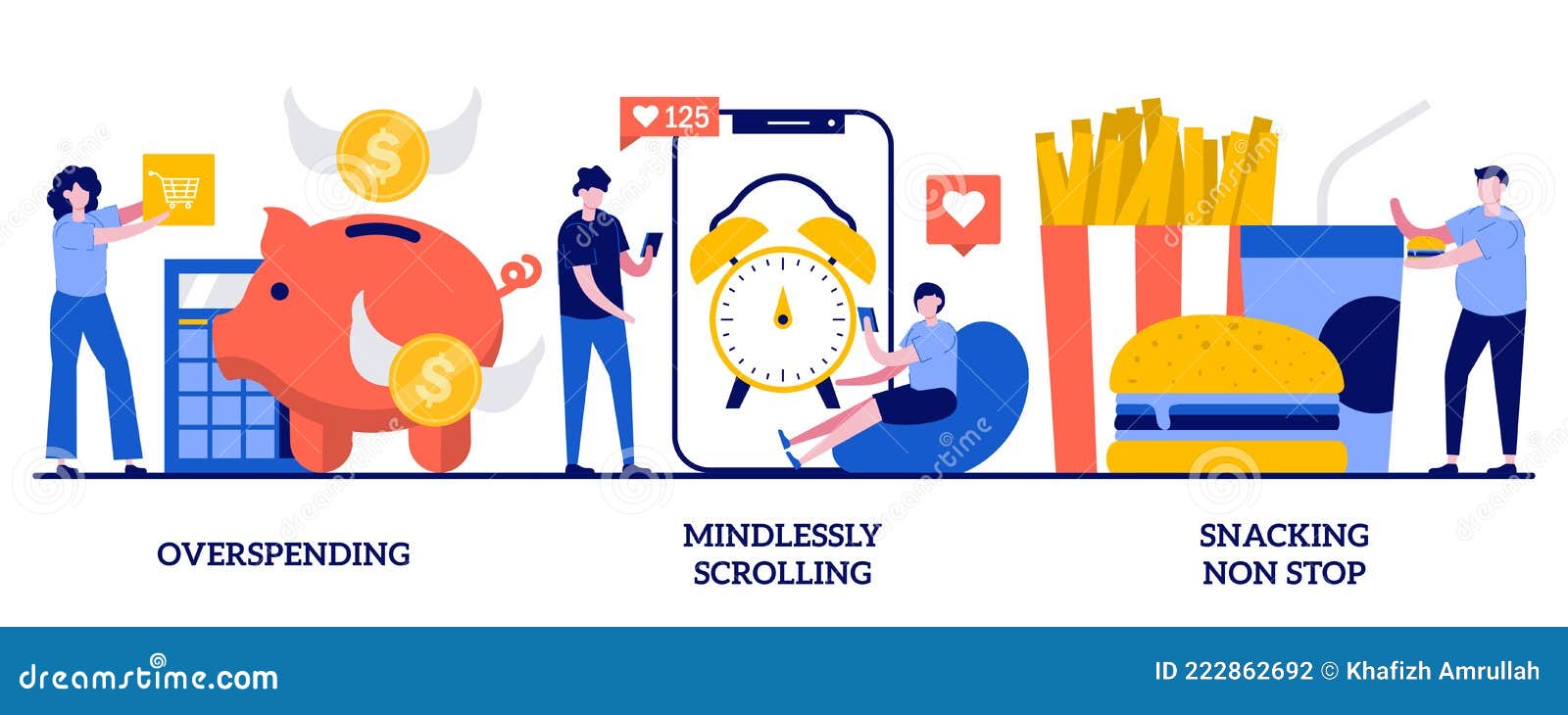 Overspending, Mindlessly Scrolling, Snacking Non-stop Concept with Tiny ...