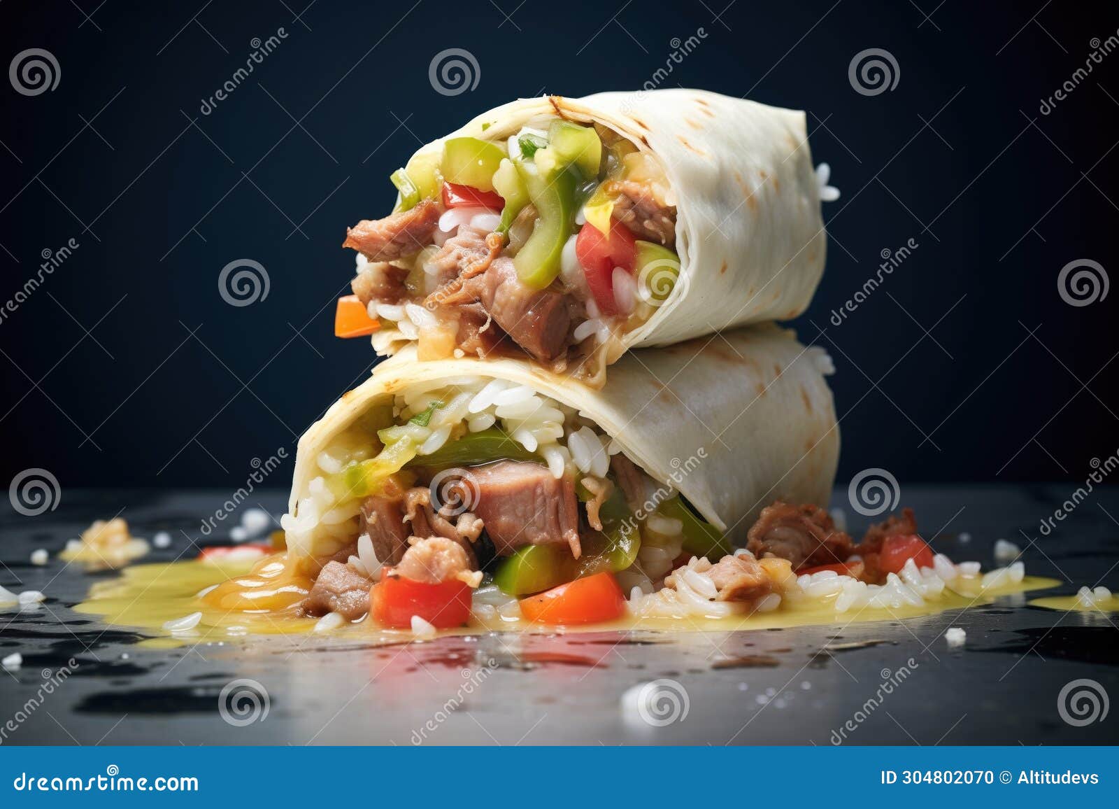 Overstuffed Burrito with Rice Spilling Out, on a Metal Surface Stock ...