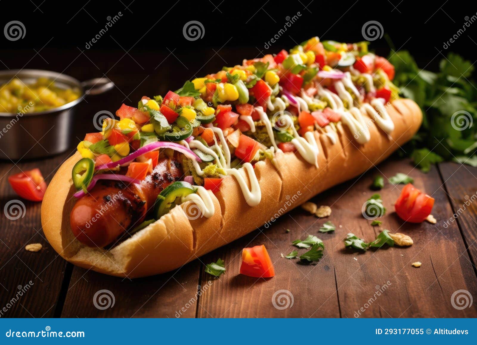 An Overstuffed Hot Dog with Lots of Toppings Stock Illustration ...