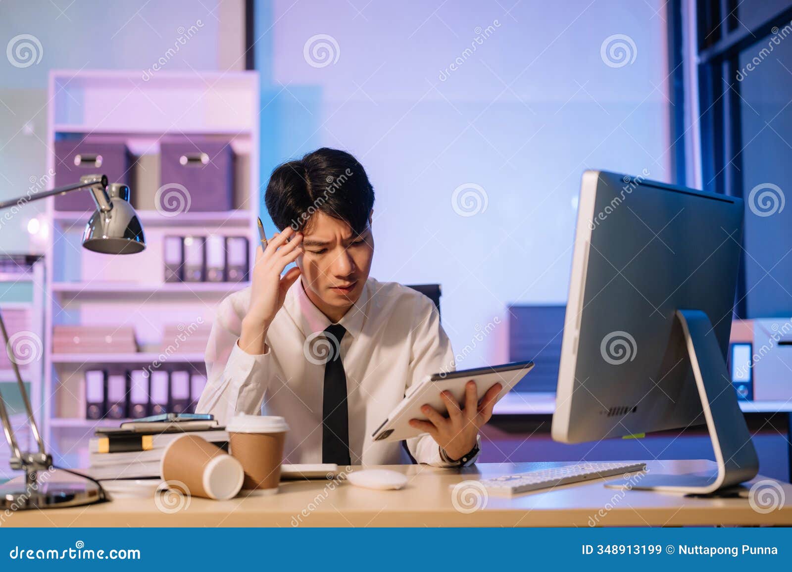 Overtime Work Concept, Handsome Asian Business Man Working Overtime ...