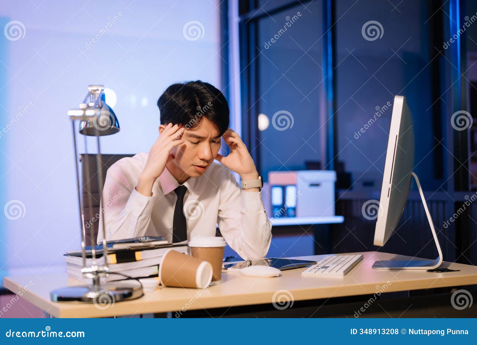 Overtime Work Concept, Handsome Asian Business Man Working Overtime ...