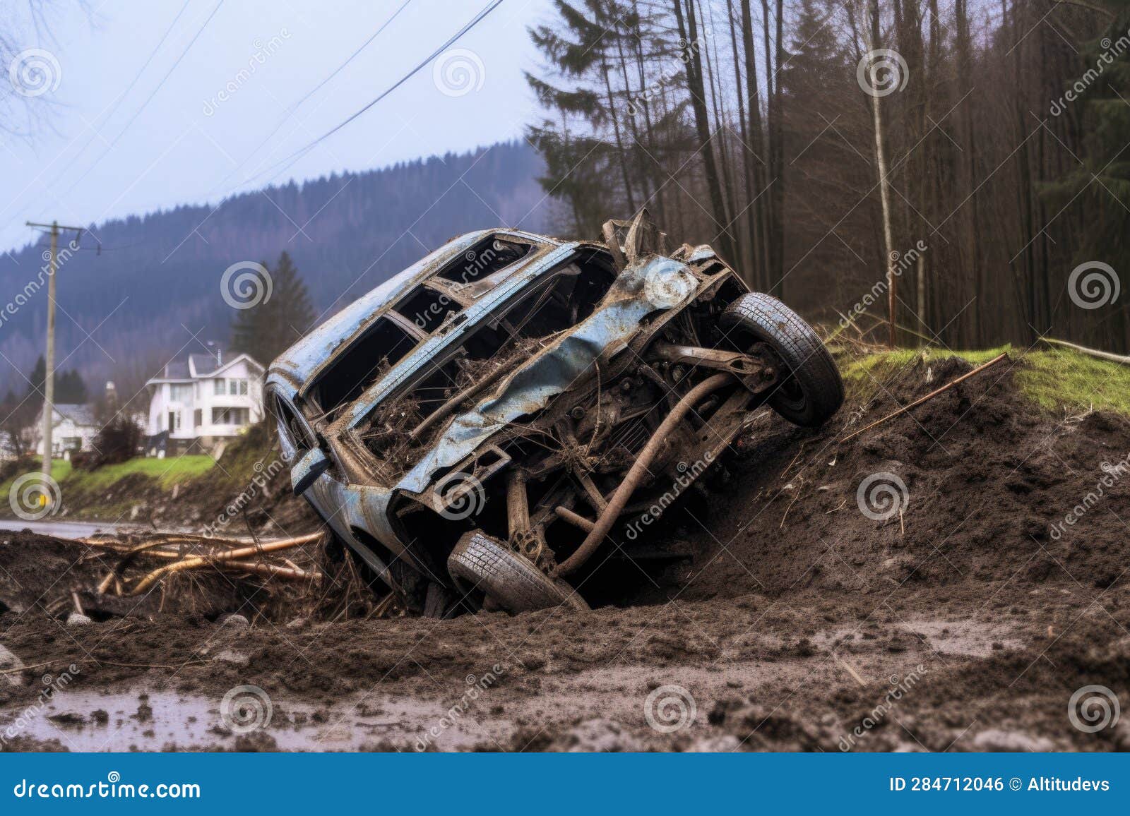 Overturned Car Buried in Mud after Mudslide Stock Photo - Image of ...