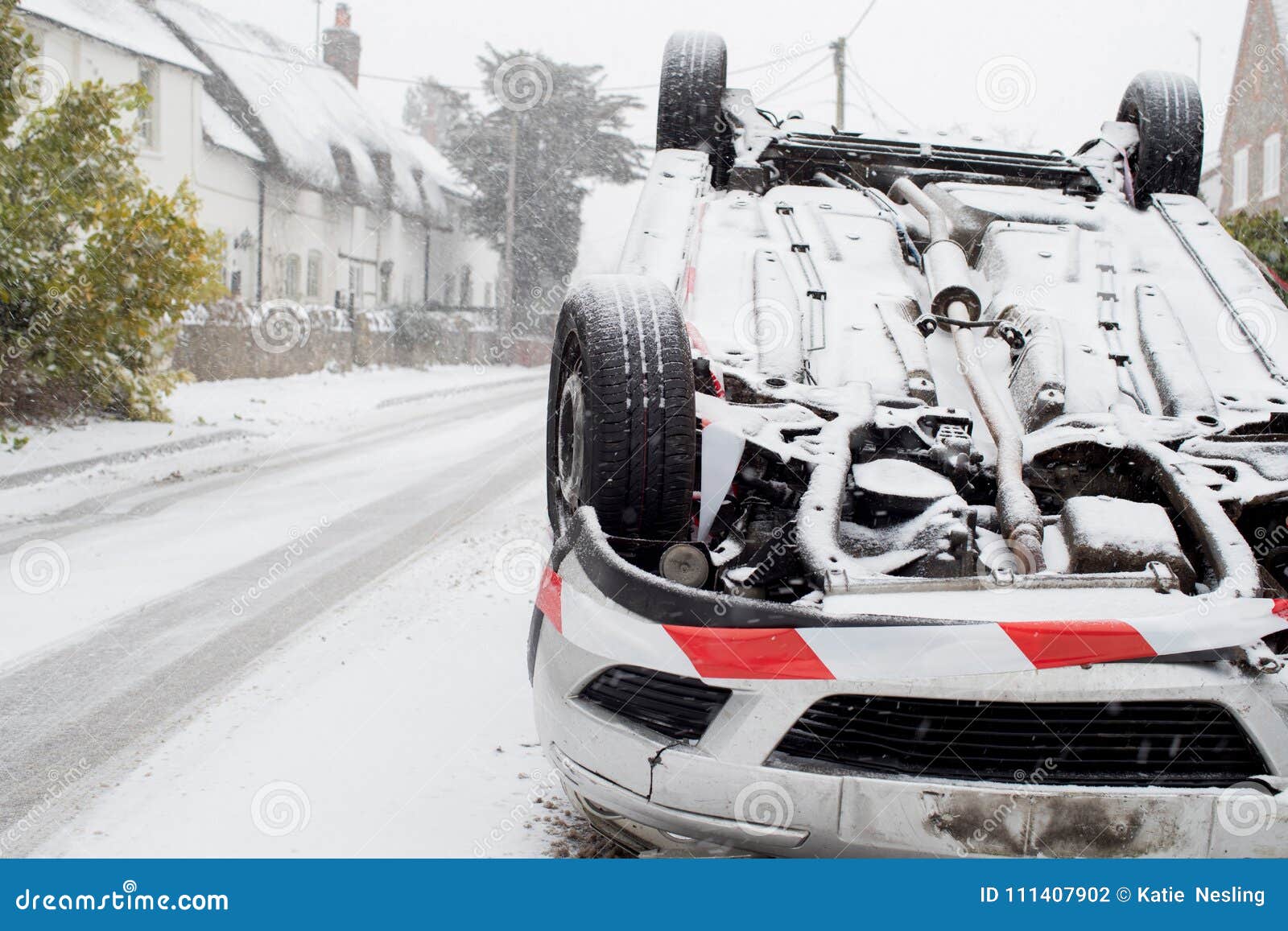 Overturned Car after Traffic Accident in Winter Snow Stock Photo ...