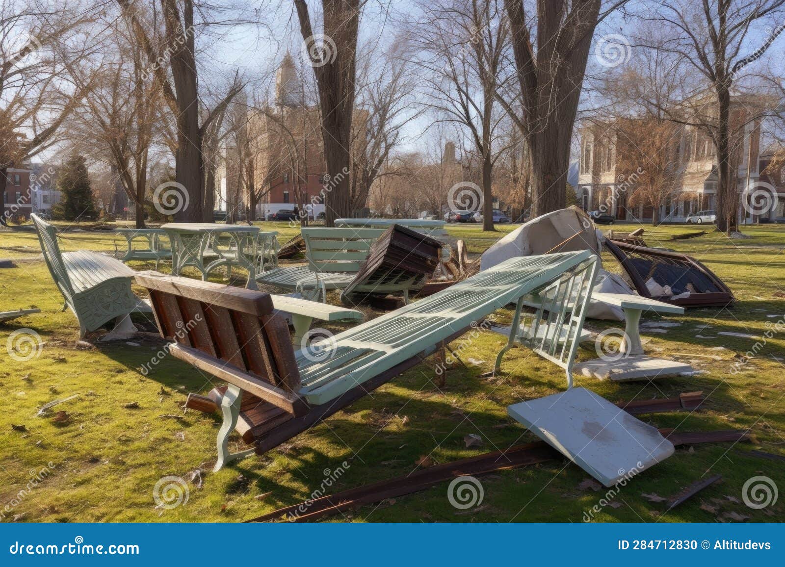 Overturned Park Benches and Damaged Picnic Tables Stock Illustration ...