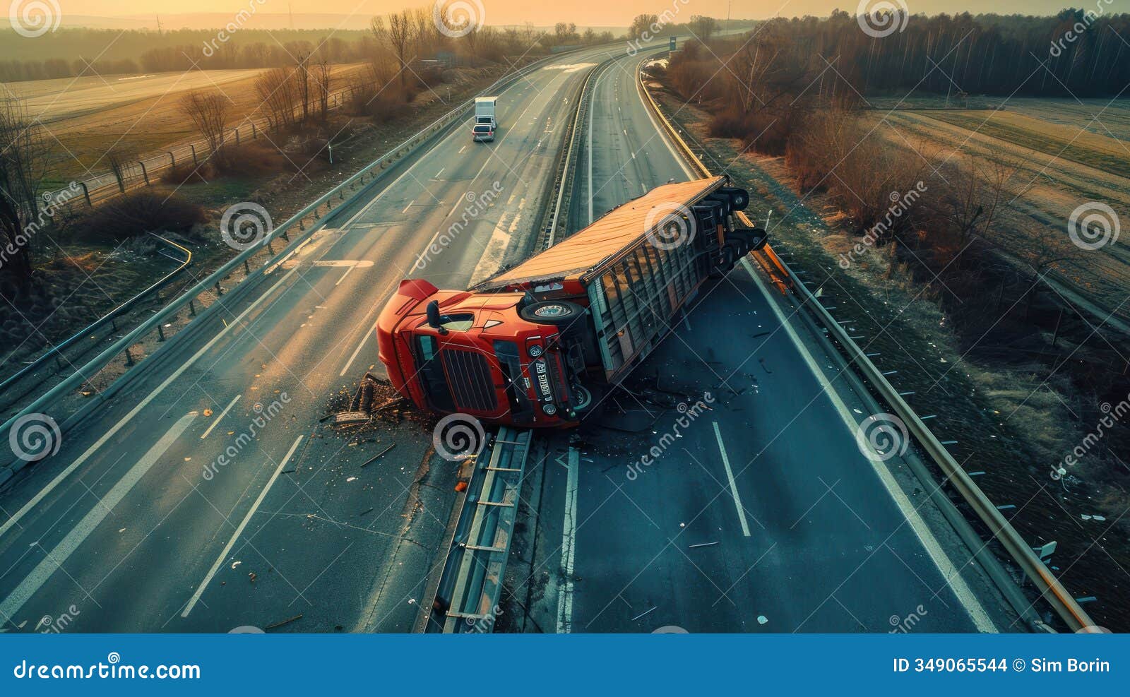 An Overturned Semi-truck Blocking Stock Illustration - Illustration of ...