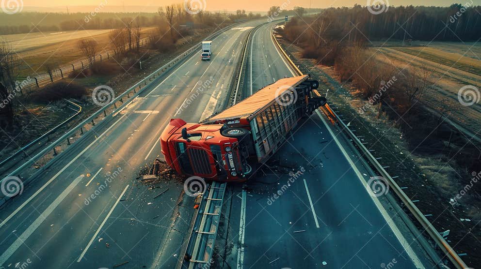 An Overturned Semi-truck Blocking Stock Illustration - Illustration of ...