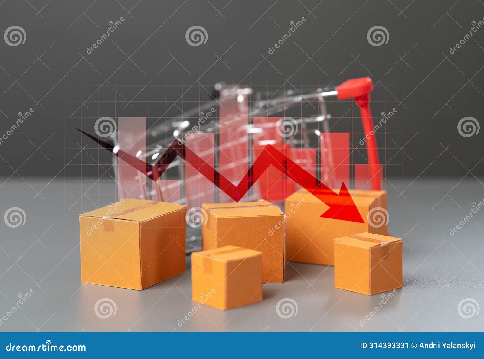 Overturned Shopping Card and Red Arrow Down. Falling Sales Stock Image ...