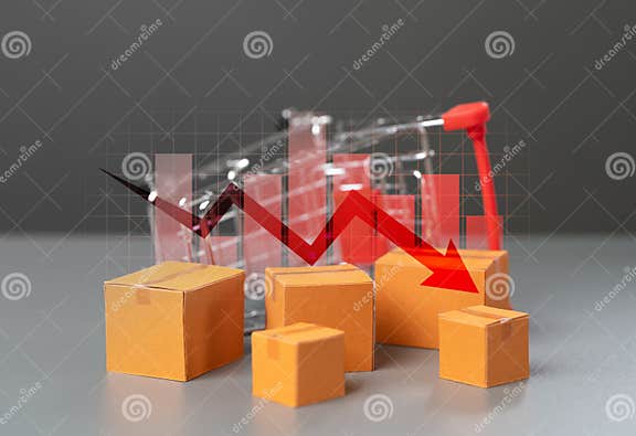 Overturned Shopping Card and Red Arrow Down. Falling Sales Stock Image ...
