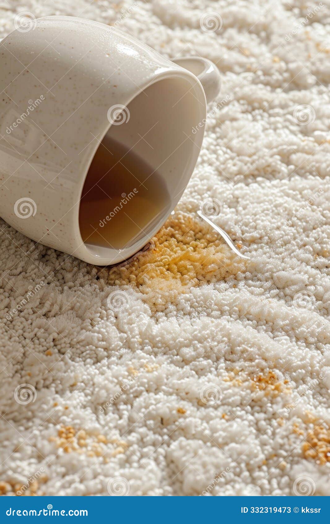 Overturned Tea Cup Spilling Tea on White Carpet. Messy Stain Concept ...