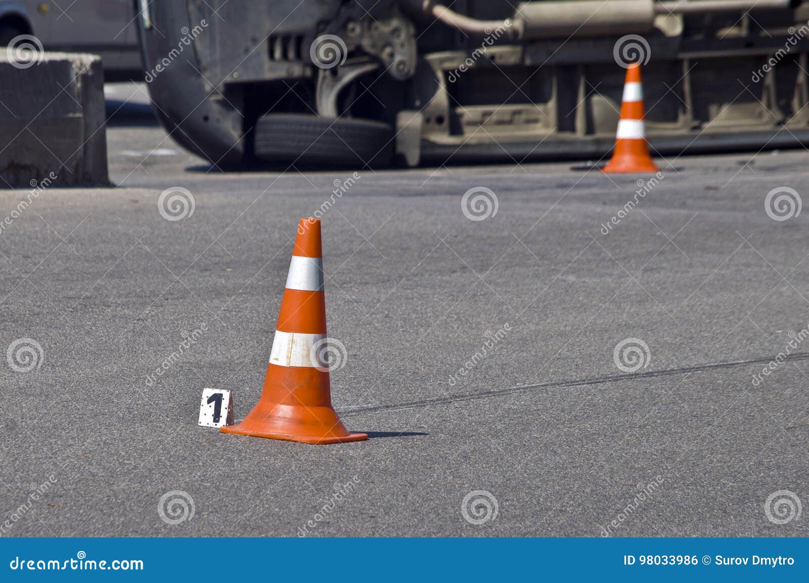 Overturned Transport on Accident Site with Traffic Cones Stock Photo ...