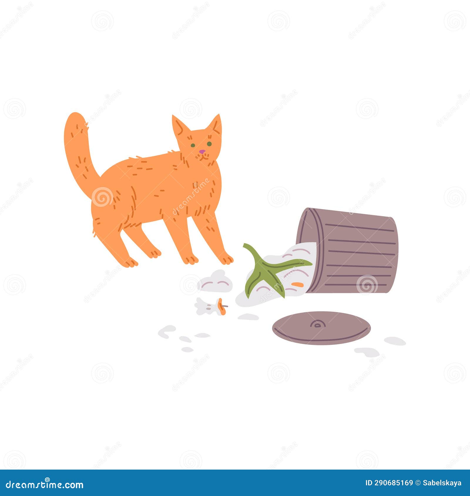 Pet Mess and Clutter Vector Flat Illustration, Overturned Trash Can ...