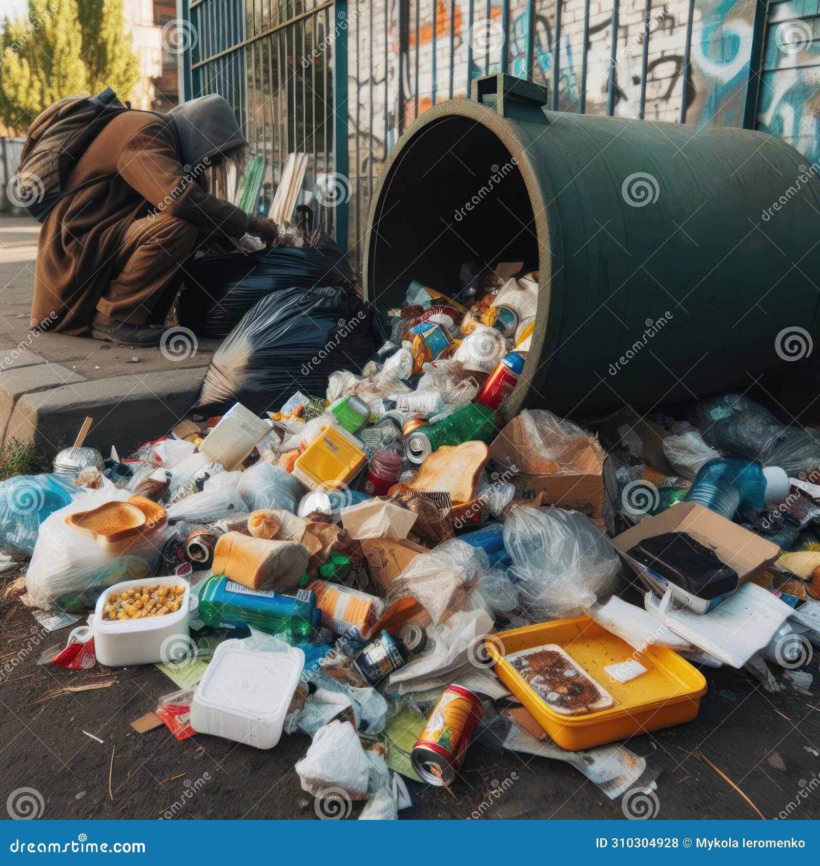 An Overturned Trash Can and Spilled Garbage. Stock Photo - Image of ...