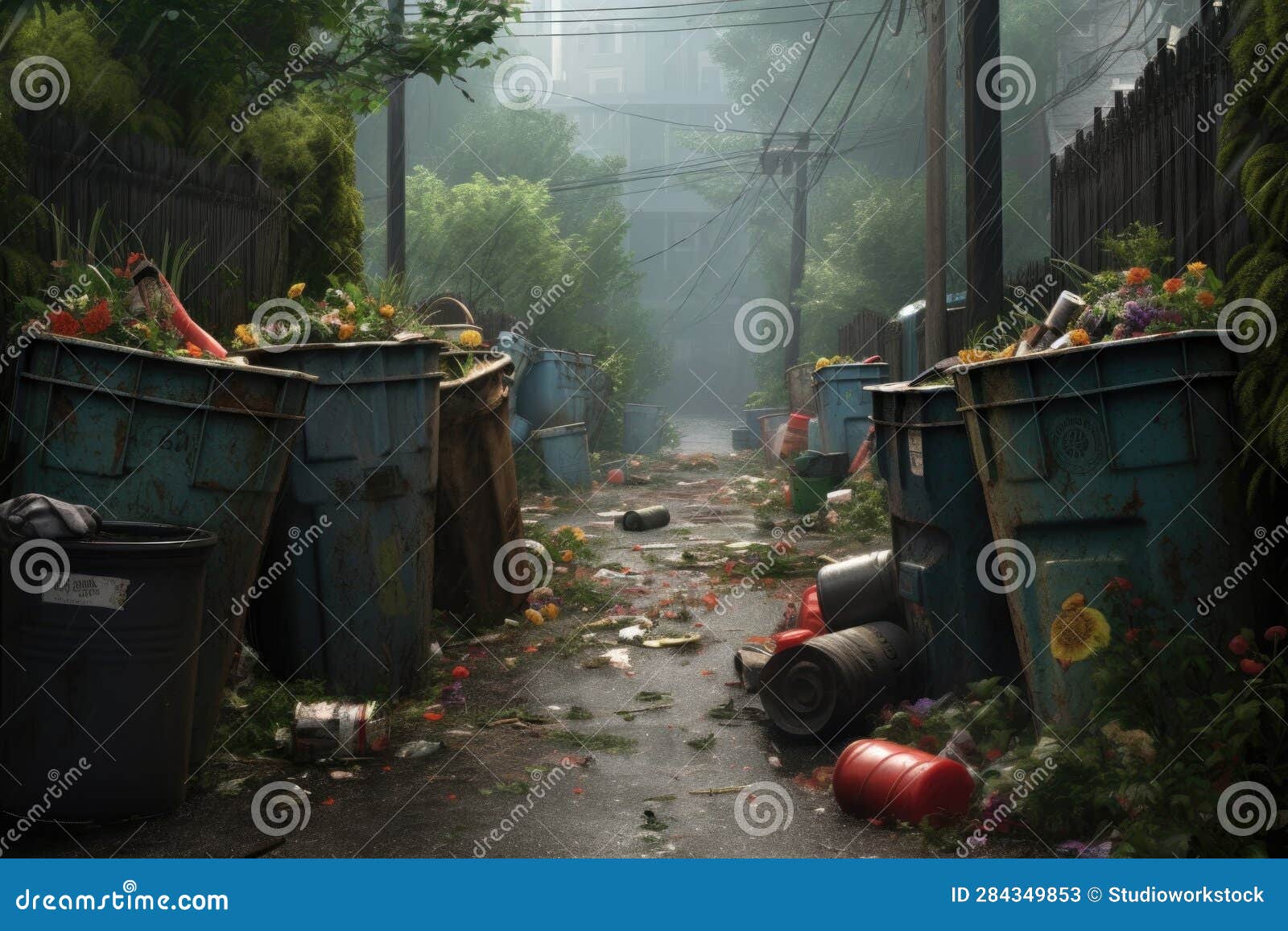 Overturned Trash Cans with Garbage Spread Around Stock Illustration ...
