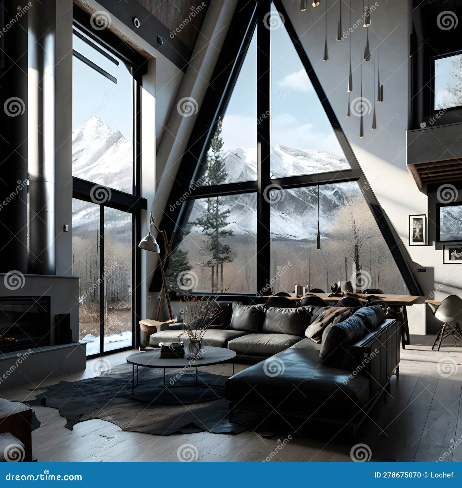 Overview of a Comfortable Living Room with High Ceiling Large ...