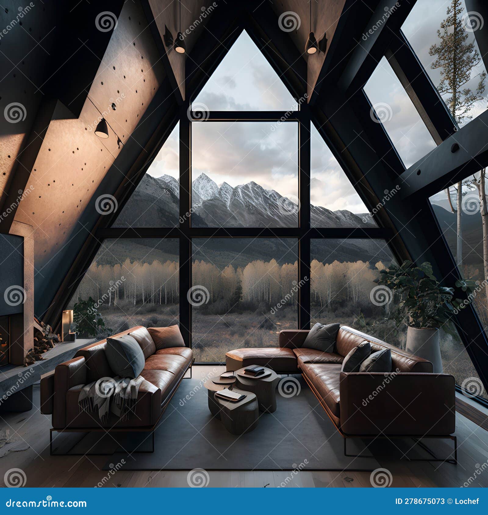 Overview of a Comfortable Living Room with High Ceiling Large ...