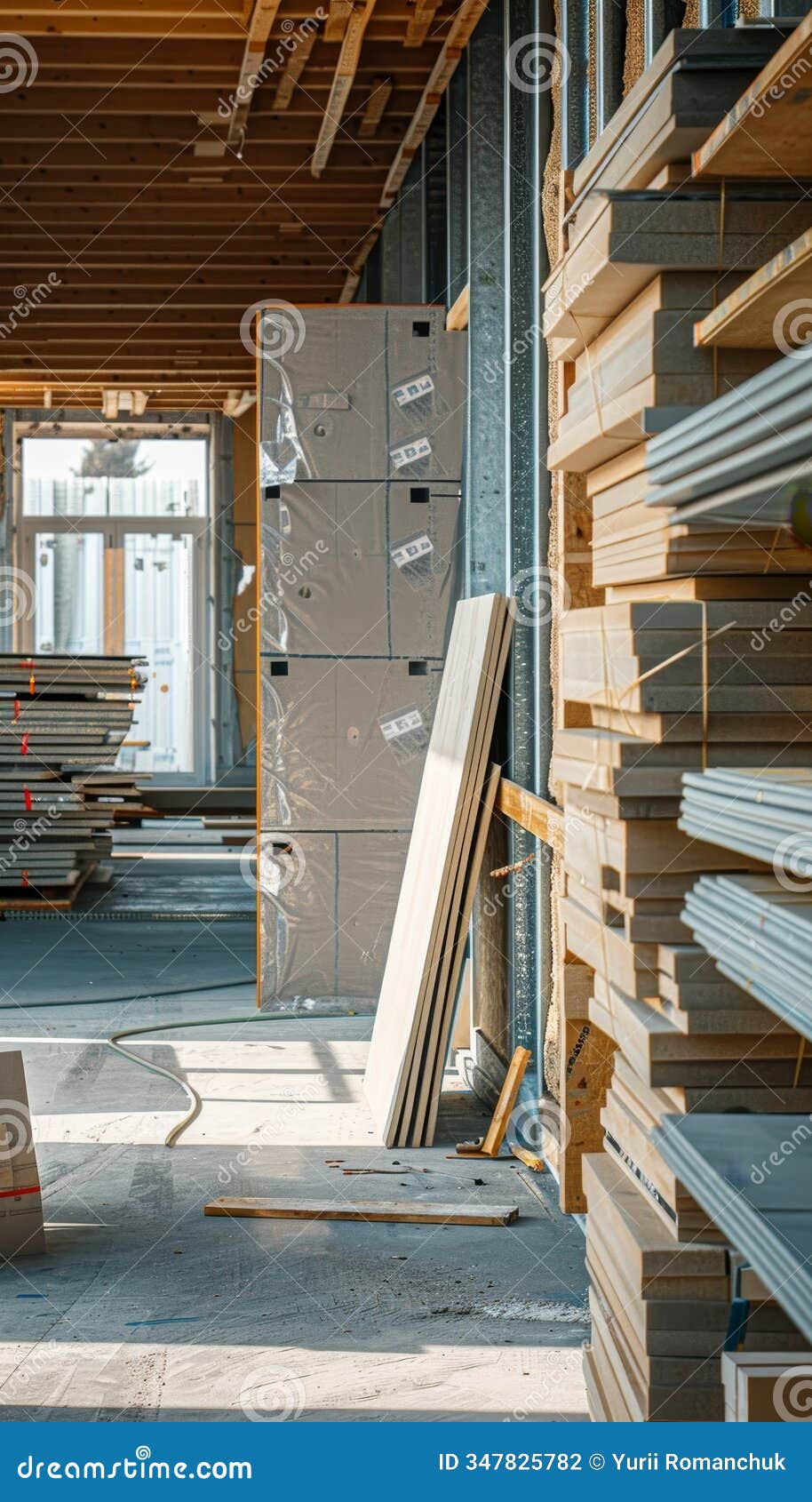 Overview of a Construction Site with Stacked Drywall Sheets Showcasing ...
