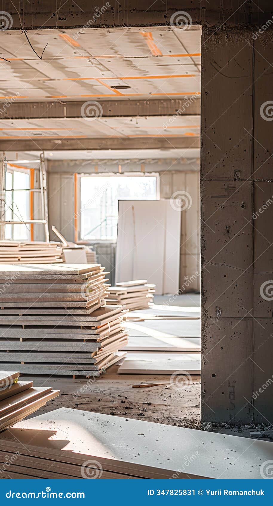 Overview of a Construction Site with Stacked Drywall Sheets Showing ...
