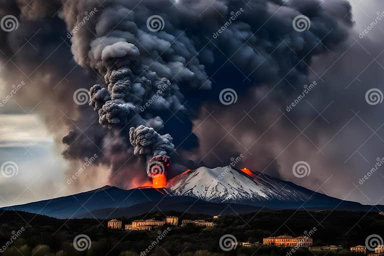 Overview of the Volcano during the Eruption Stock Image - Image of fire ...