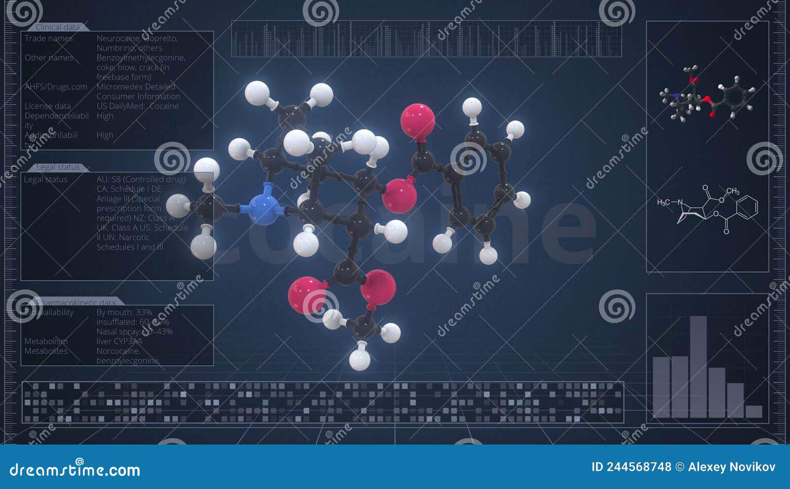 Cocaine Molecule with Description on the Computer Screen, 3d Rendering Stock Illustration ...