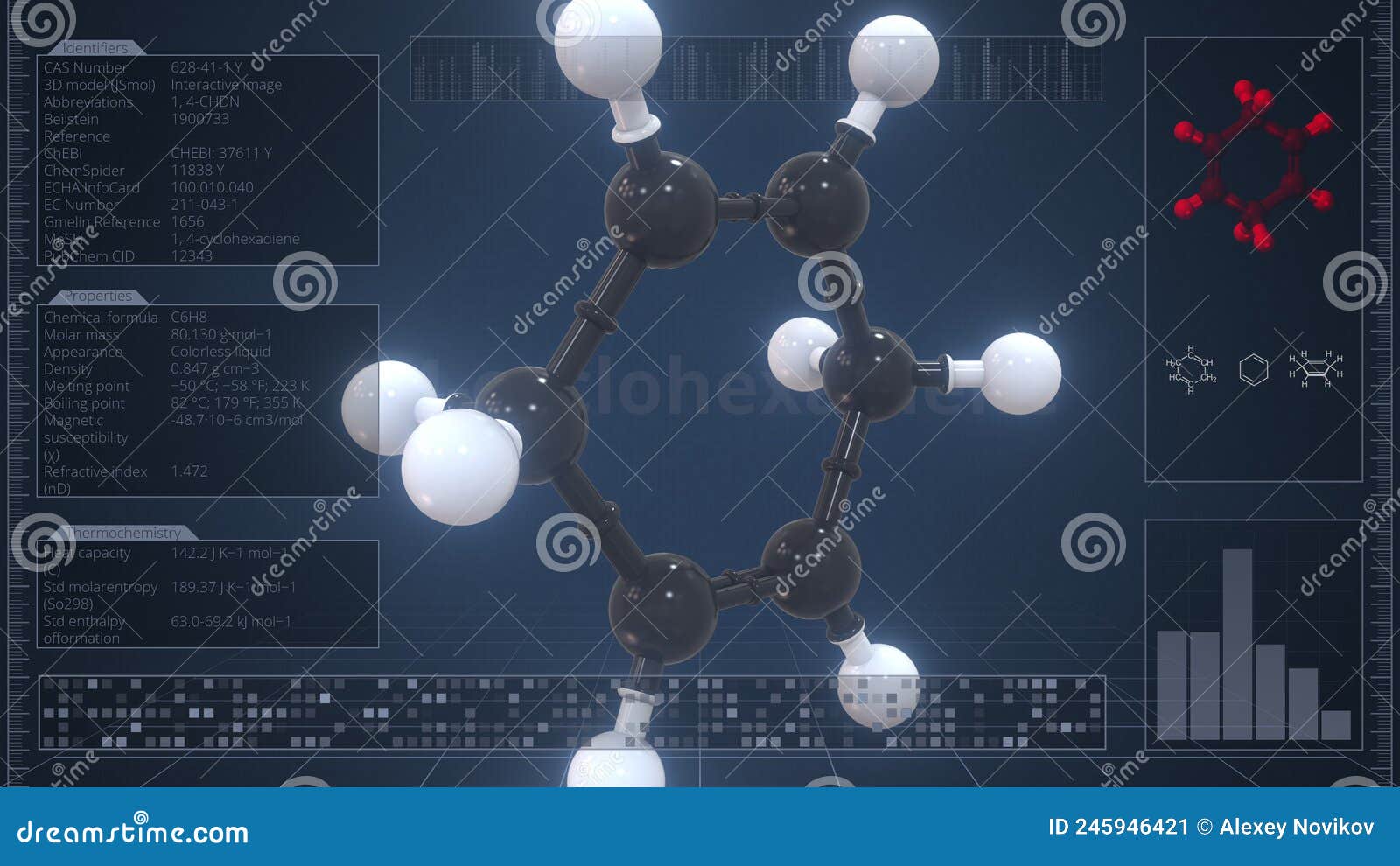 1,4-cyclohexadiene Molecule with Description on the Computer Screen, 3d ...