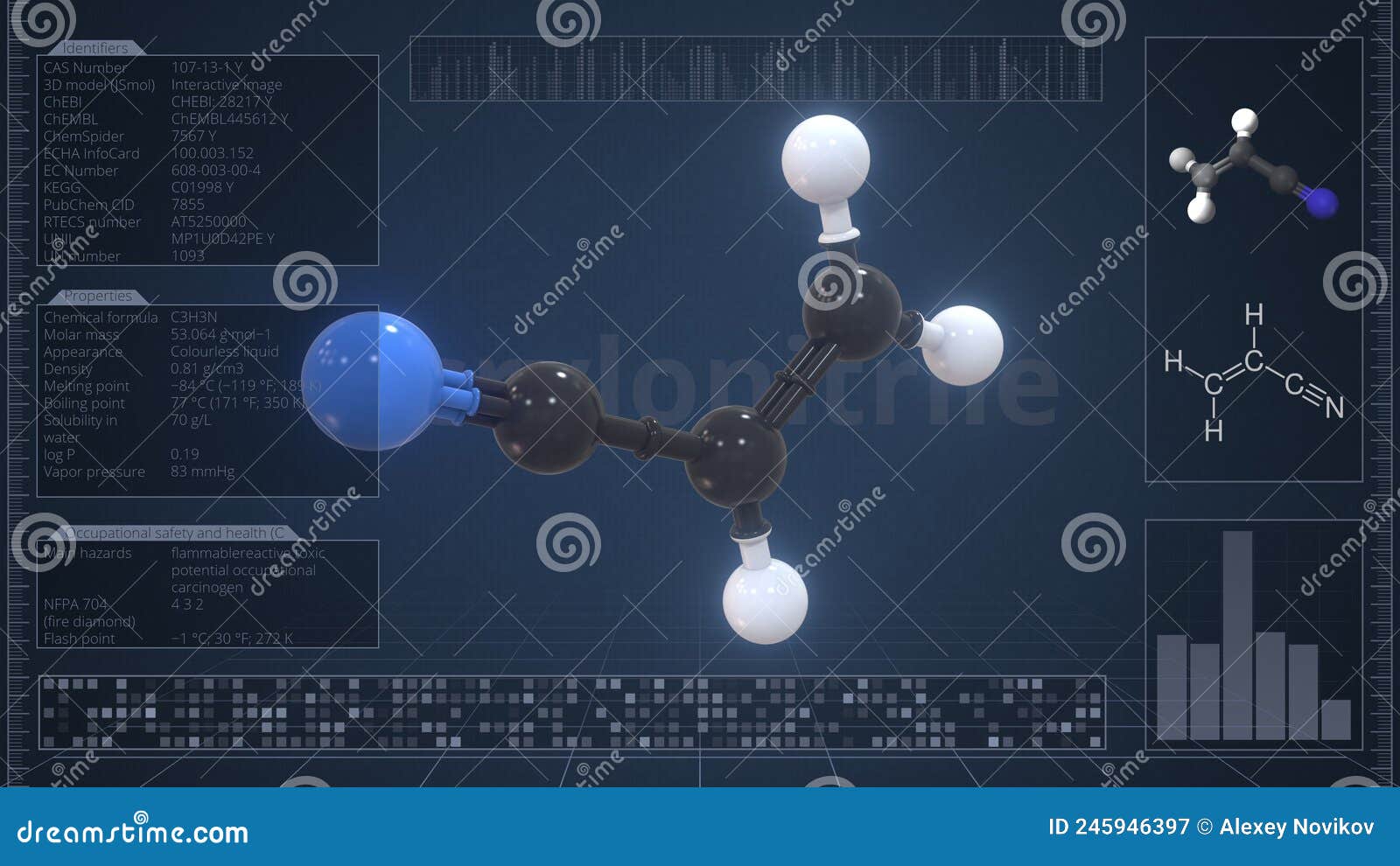 Molecule of Acrylonitrile with Infographics on the Computer Monitor, 3d ...