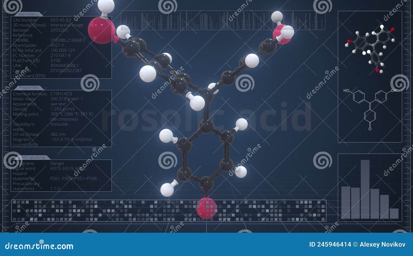 Molecule of Rosolic Acid with Infographics on the Computer Monitor, 3d ...