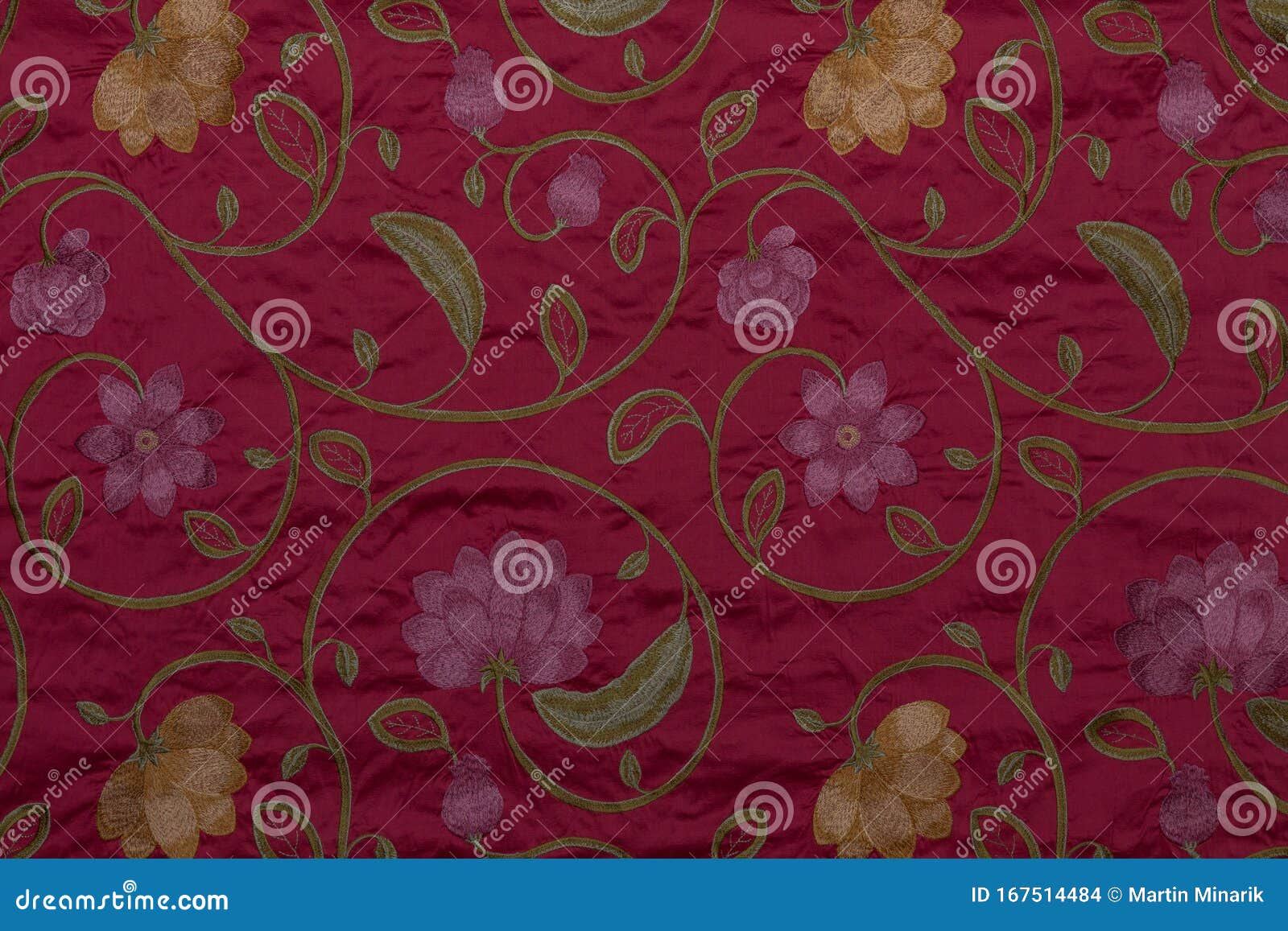 Overview of Red Fabric with Floral Pattern and Textile Texture ...