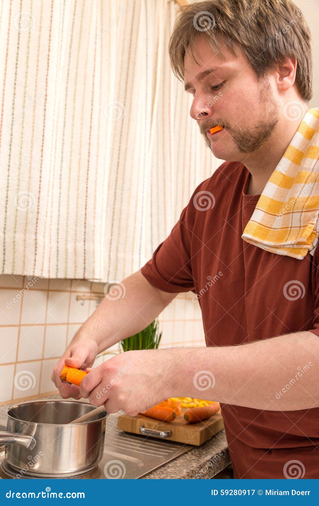 Overweight Man is Cooking Healthy Vegetables Stock Image - Image of ...
