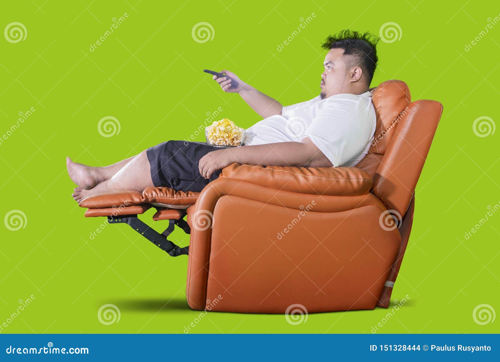 Overweight Man Eats Popcorn during Watch TV Stock Photo - Image of ...