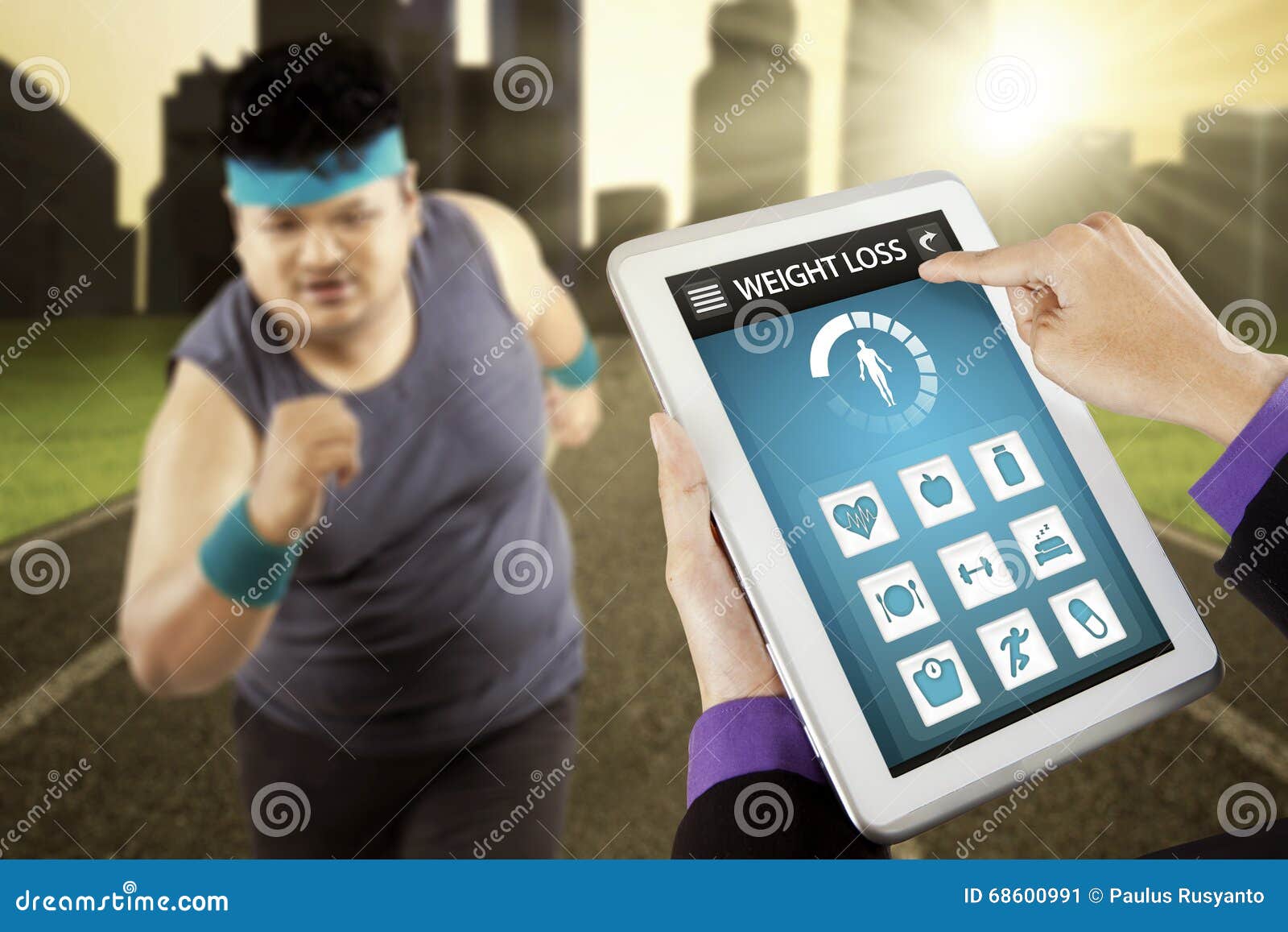 Overweight Man Running with Weight Loss App Stock Image - Image of icon ...