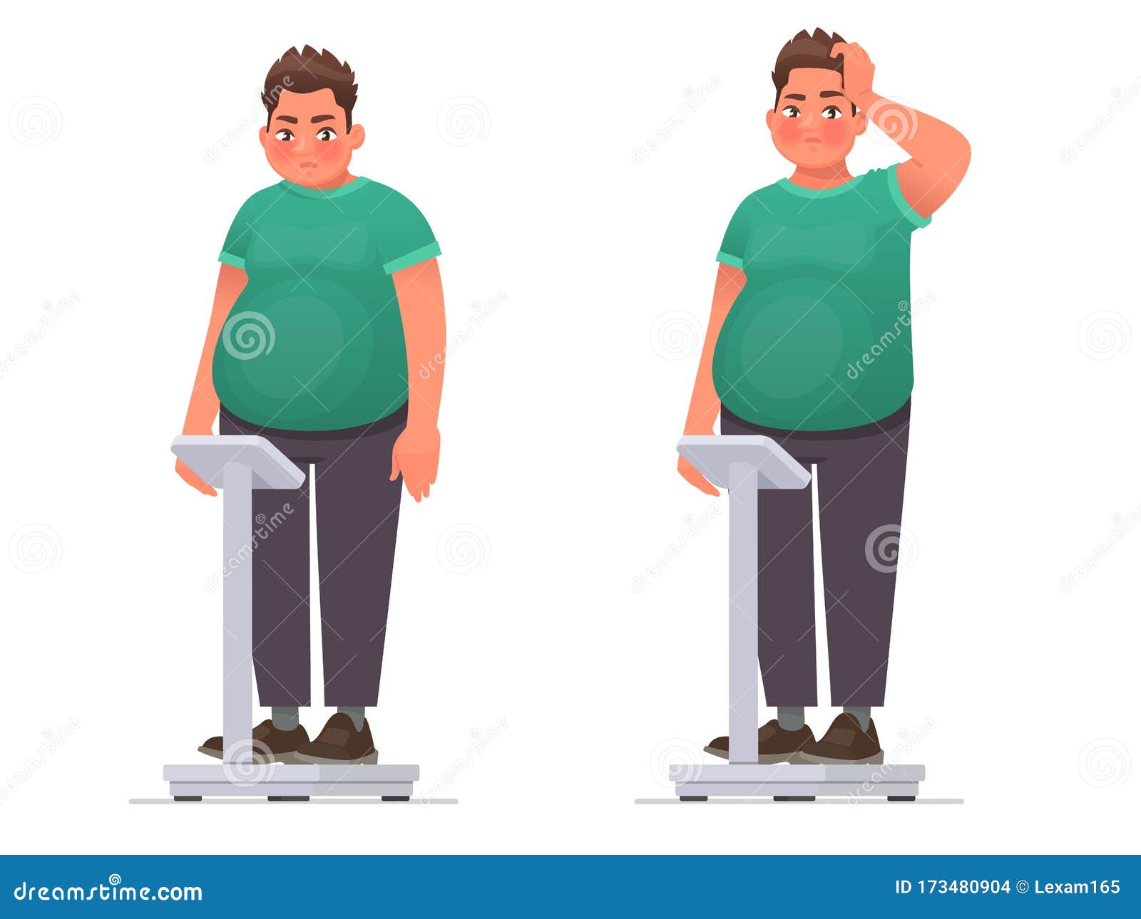 Overweight A Pensive Fat Man Is Standing On The Scales It`s Time To