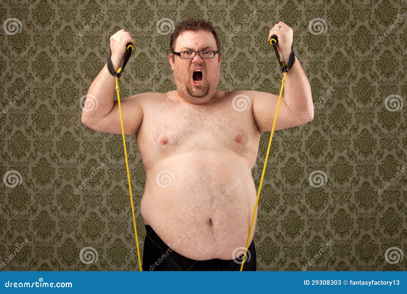 Overweight White Male Working Out with Bands Stock Image - Image of ...