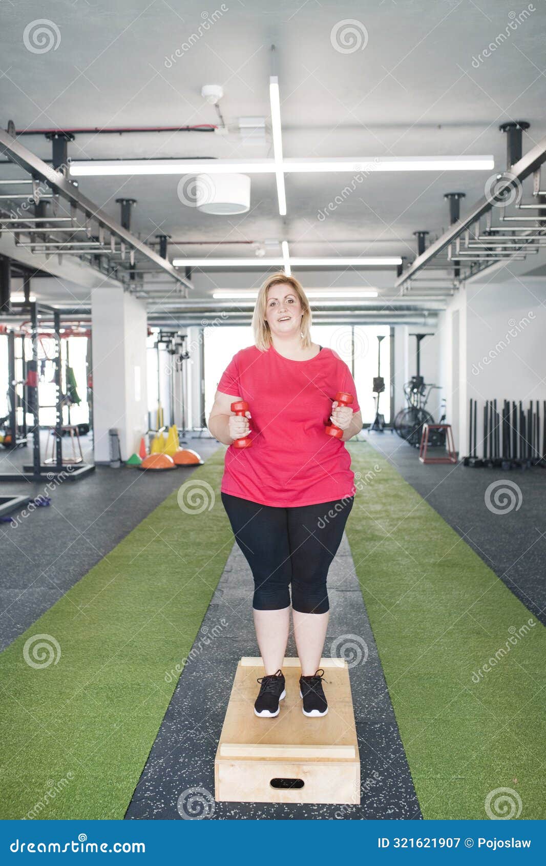Overweight Woman Exercising in Gym, Using Dumbbells. Stock Image ...