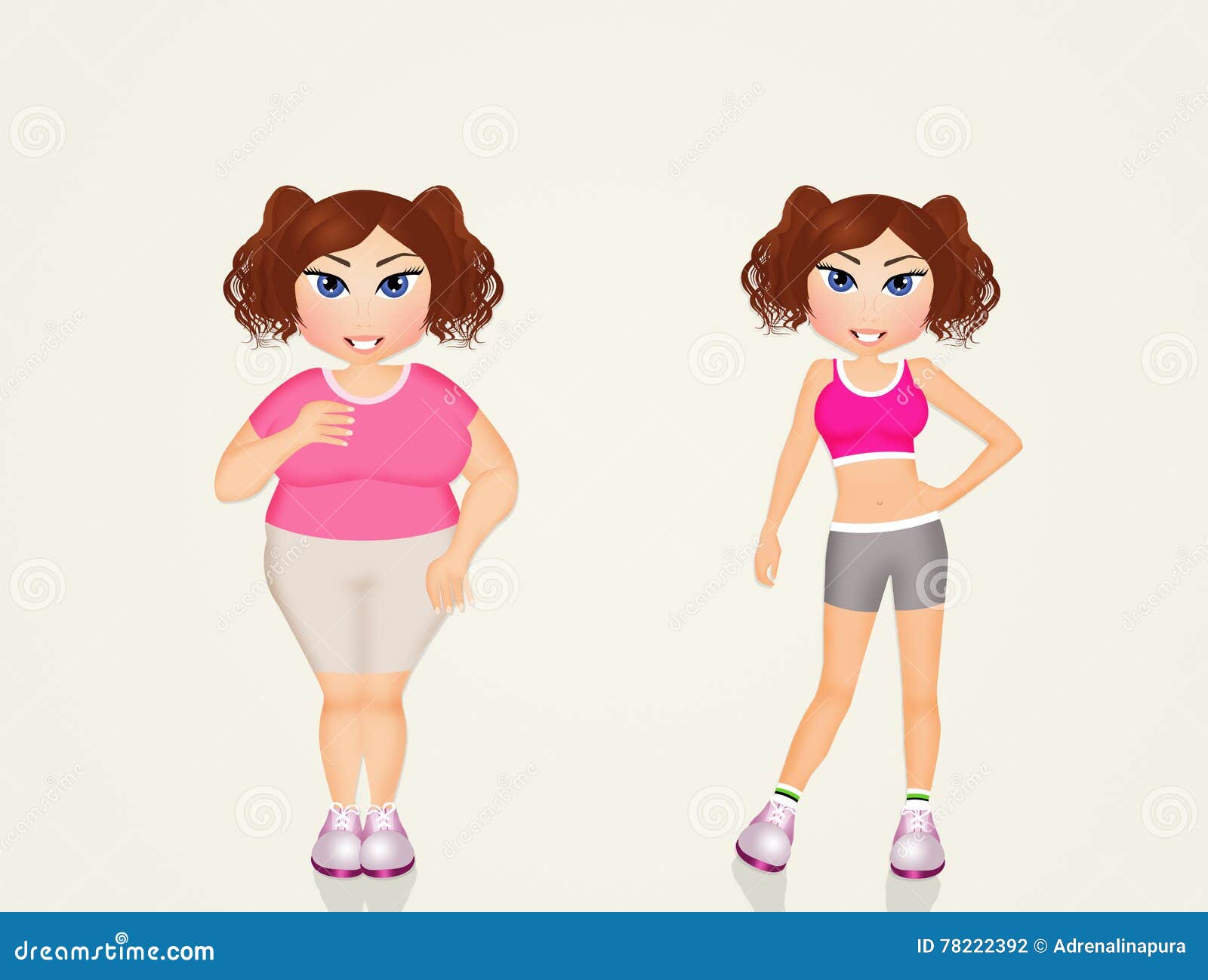 Overweight Women In Towel On Scale And Beautiful Girl In Normal Weight