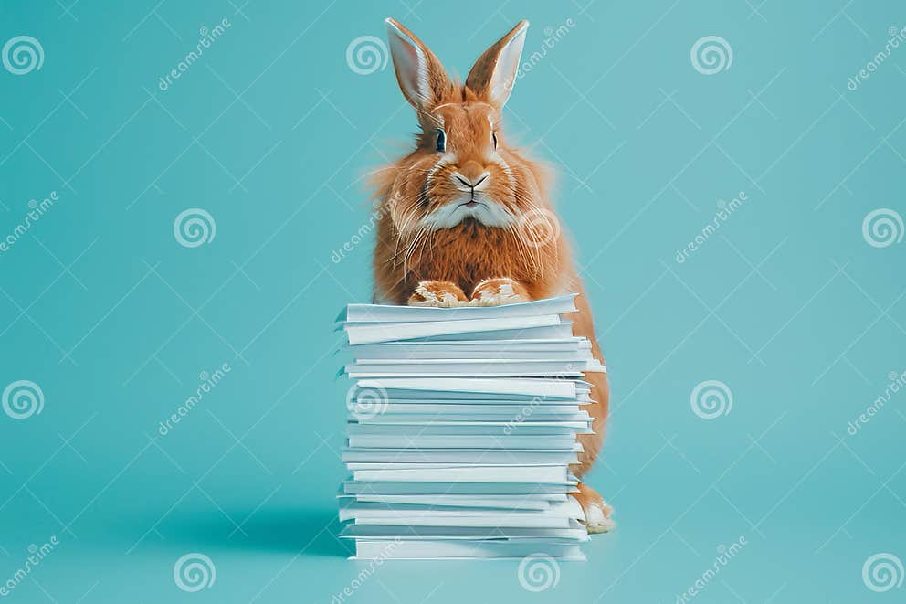 Overwhelmed Fluffy Bunny with Stack of Paperwork on Blue Background ...