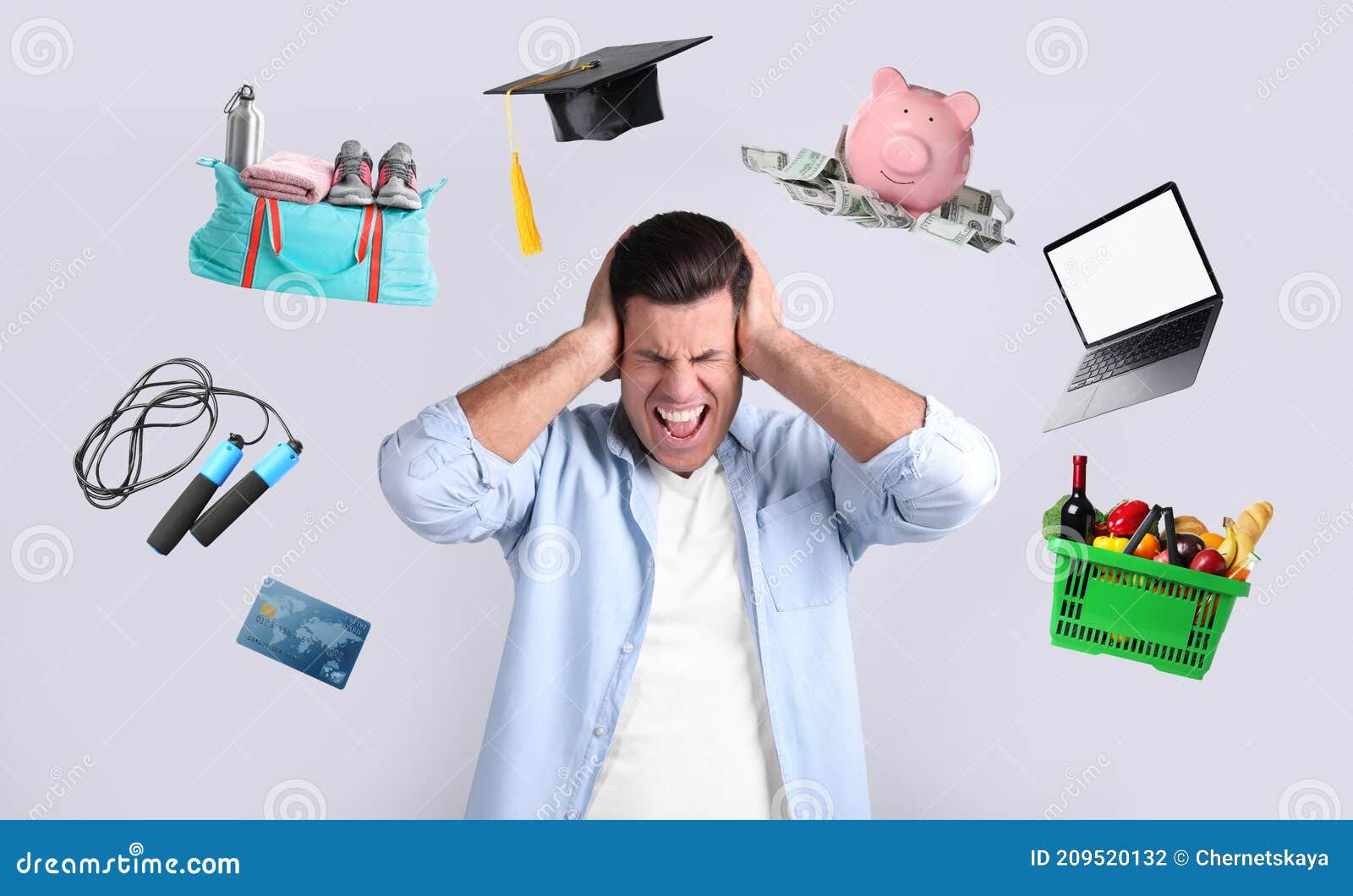 Overwhelmed Man and Different Objects Around Him on Light Grey ...