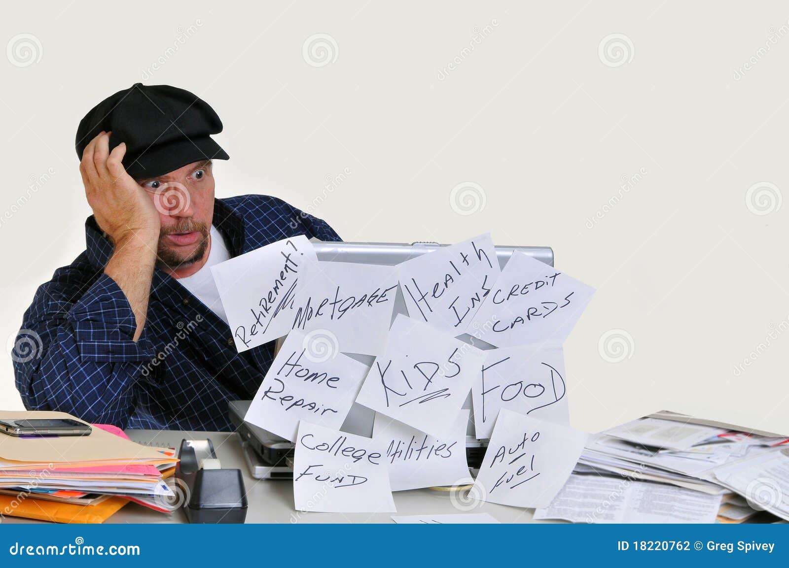 Overwhelmed Man with Finances Stock Photo - Image of desk, looking ...