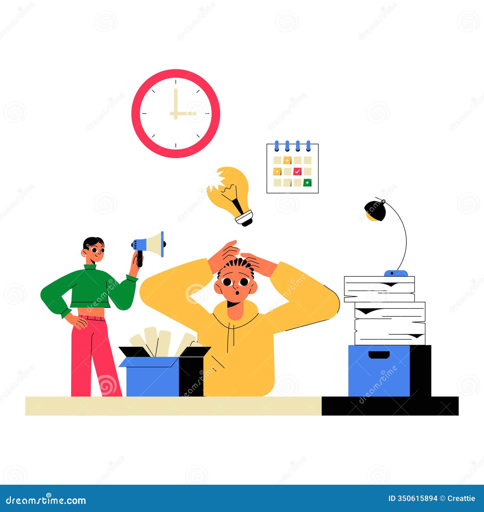 Overwhelmed Office Worker And Colleague With Megaphone In Flat Vector ...
