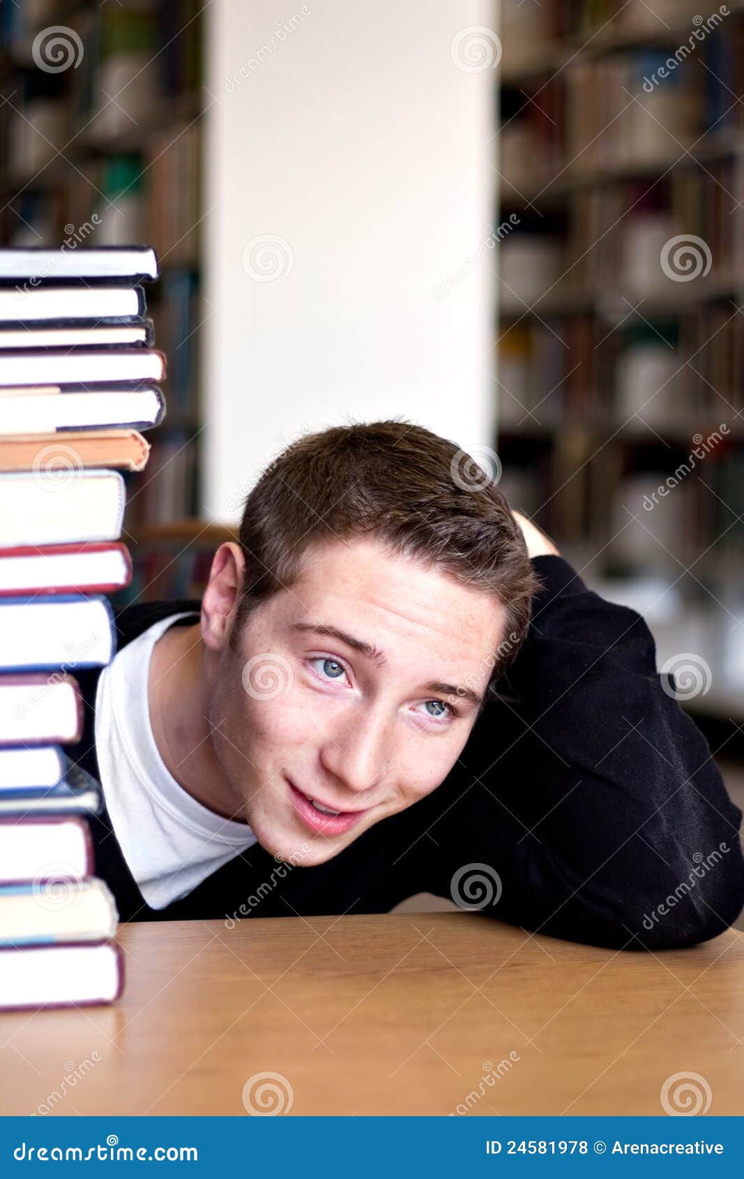 Overwhelmed Student with Piled Stock Photo - Image of books, looking ...