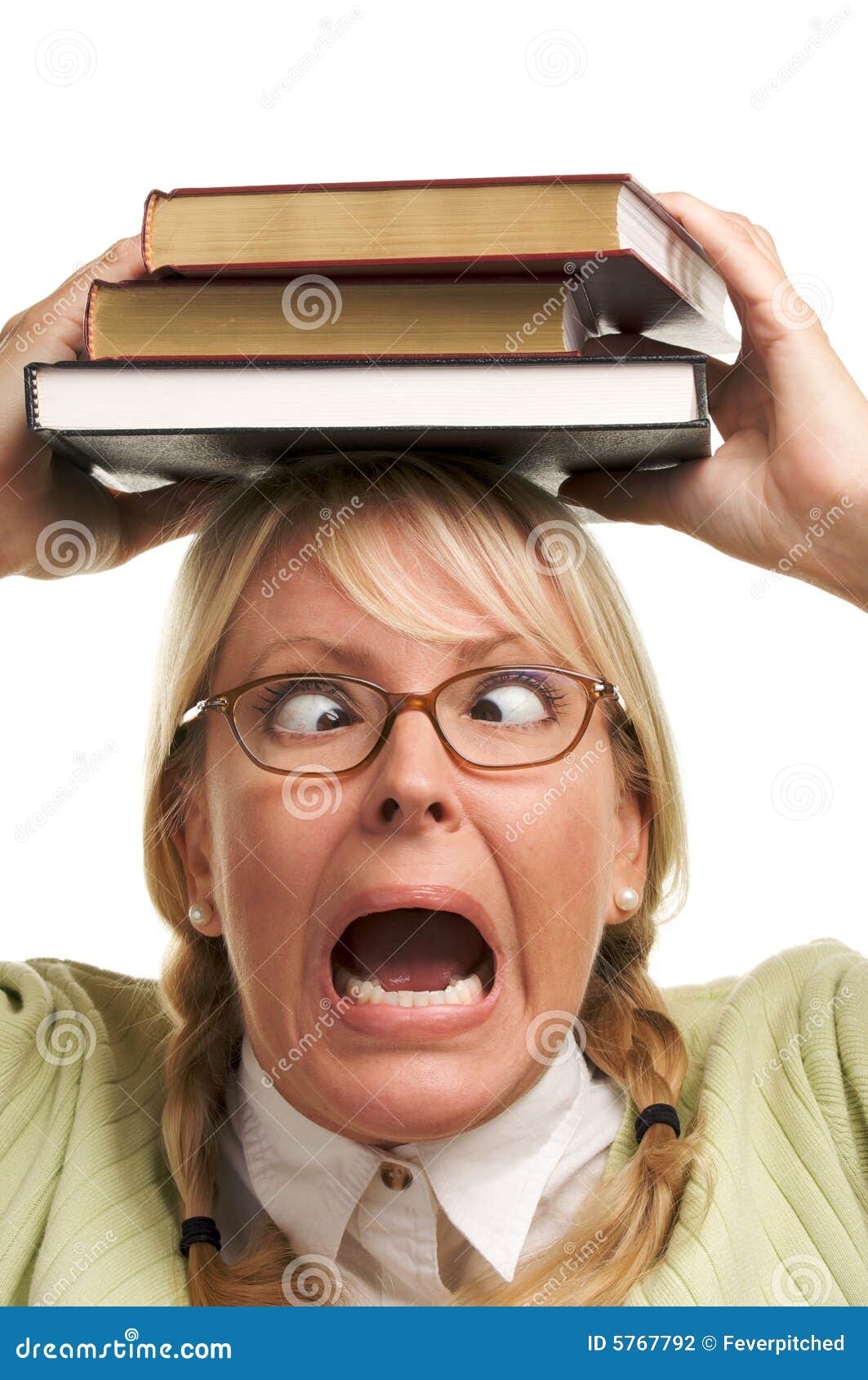 Overwhelmed Woman Carries Stack of Books on Head Stock Photo - Image of ...