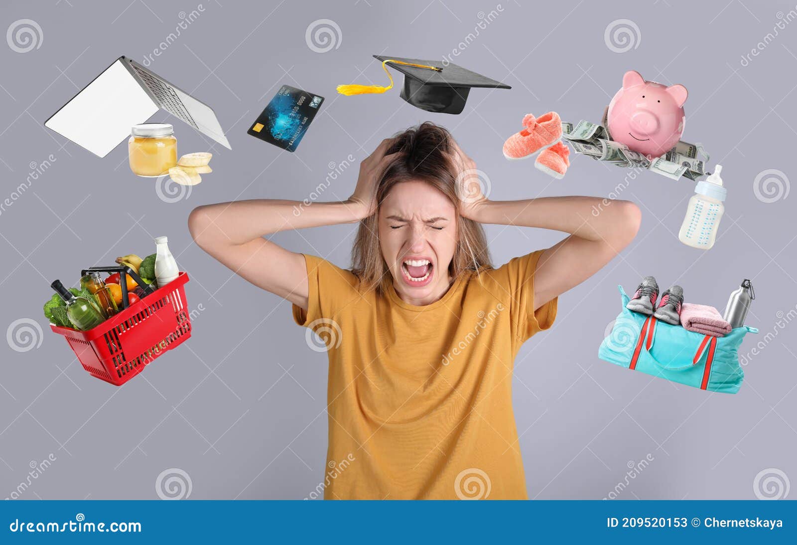 Overwhelmed Woman and Different Objects Around Her on Light Grey ...