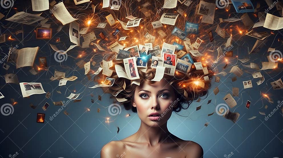 Overwhelming Information Data Explode Out of Head of Young Human Brain ...