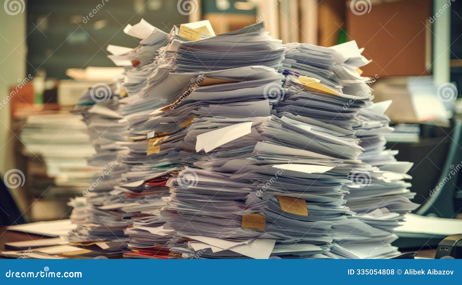 Office Paperwork. Overworked Worker With Documents Stacks. Messy Desks ...