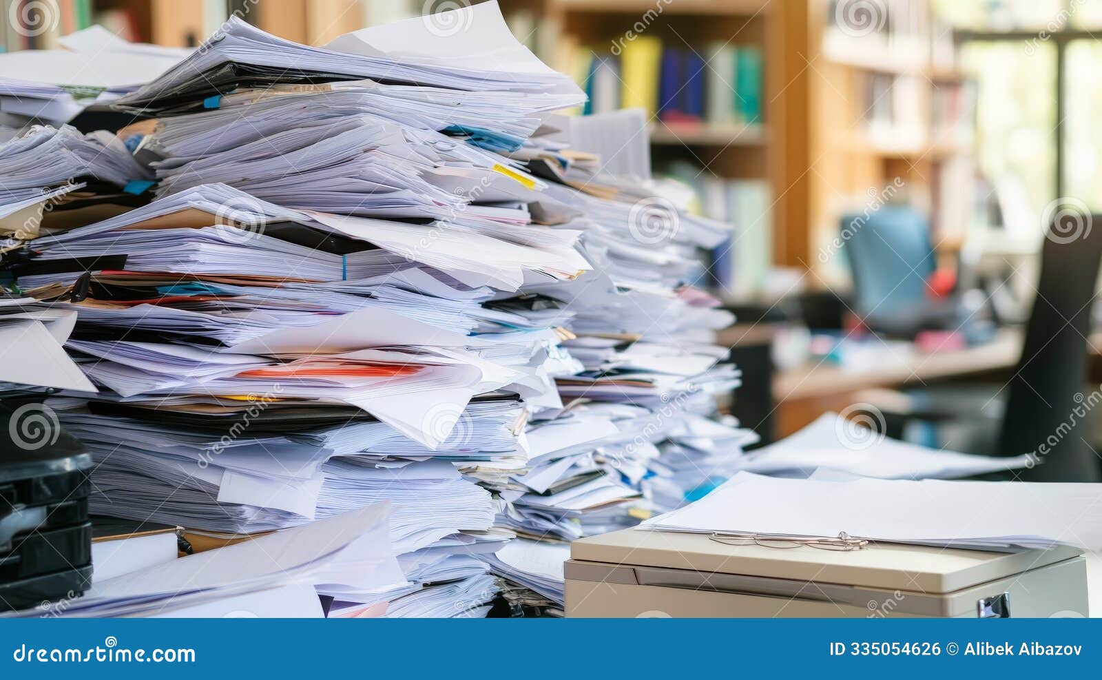 Overwhelming Pile of Office Documents on Desk in Busy Workplace ...