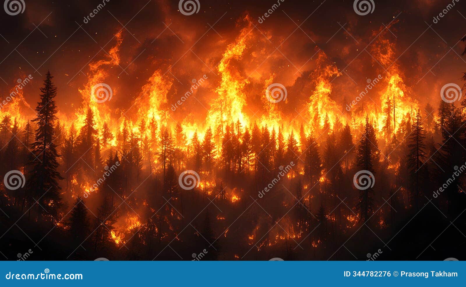 Overwhelming And Uncontrolled Wildfire Raging Through Dense Forest ...