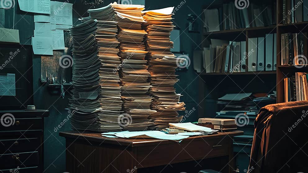 Overwhelming Workload Visible in a Dimly Lit Office with a Towering ...