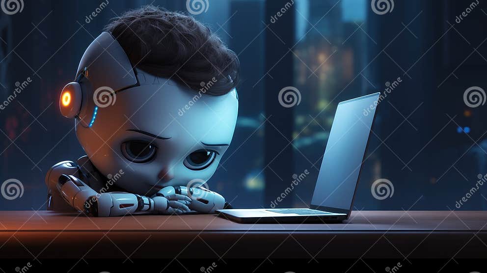 Overworked Annoyed Robot Works on the Computer AI Generated Stock ...