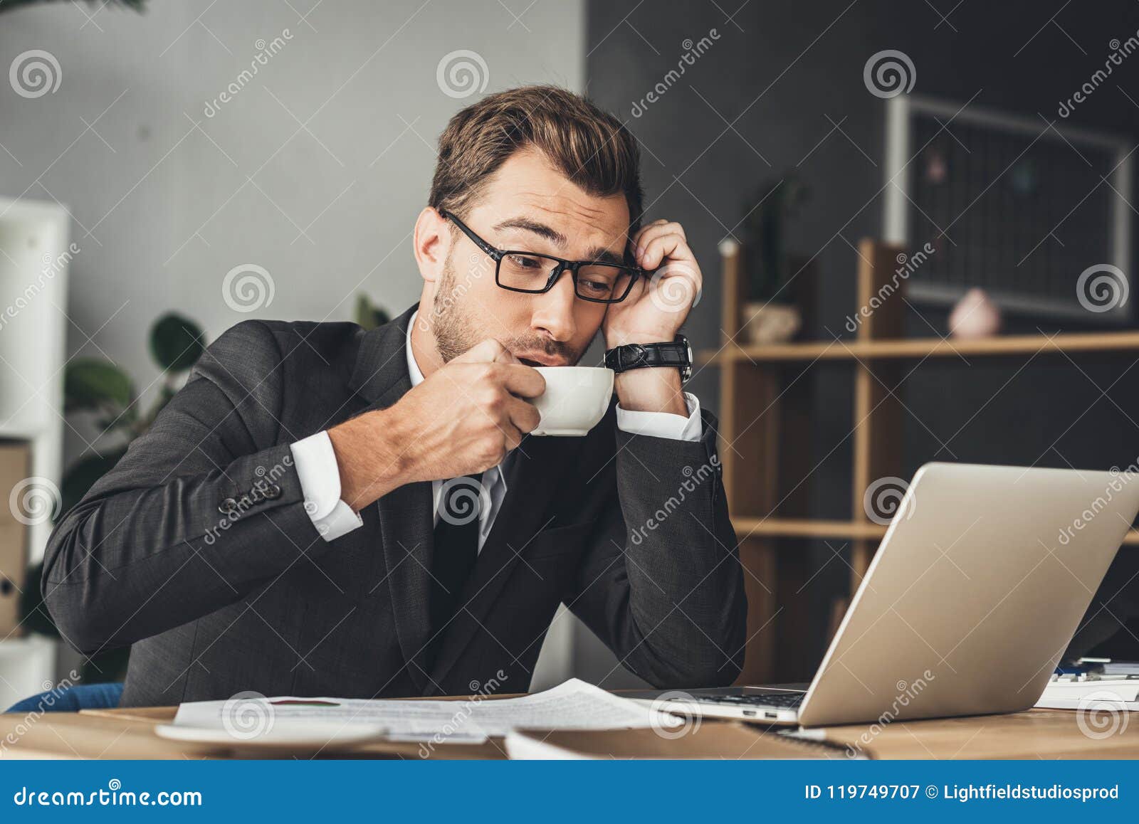 Overworked Businessman in Eyeglasses Drinking Coffee Stock Image ... Overworked Businessman in Eyeglasses Drinking Coffee Stock Image ...