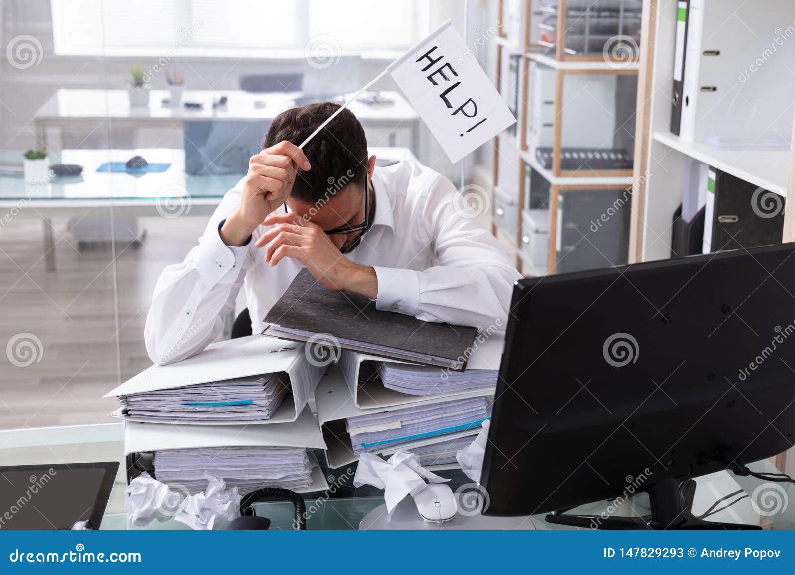 Overworked Businessman Holding Help Flag Stock Image - Image of ...