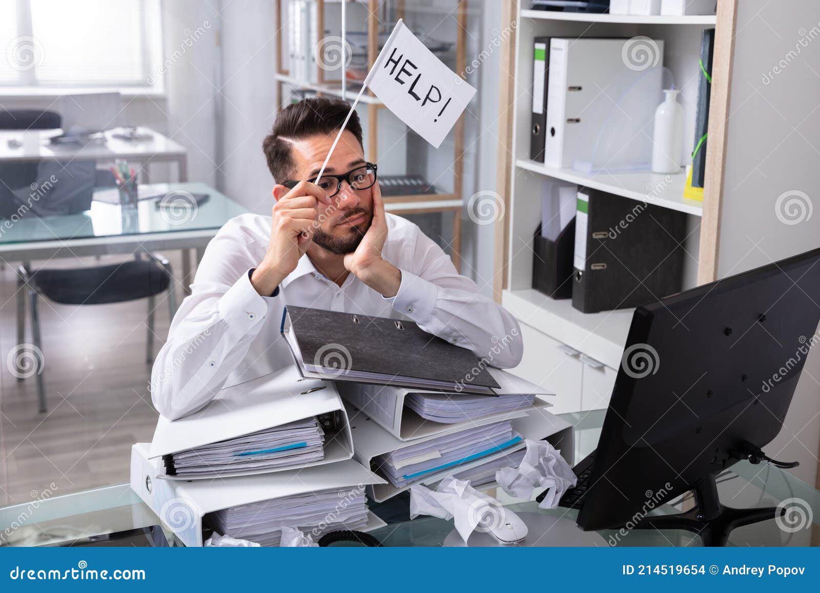 Overworked Businessman Holding Help Flag Stock Photo - Image of ...
